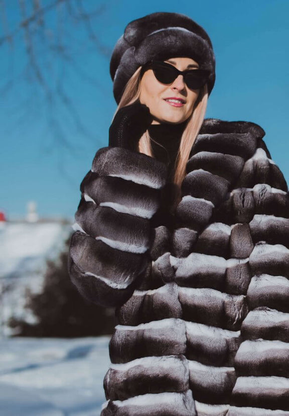 Genuine chinchilla fur coat with shawl collar