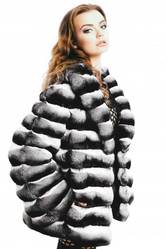 Genuine chinchilla fur coat with shawl collar
